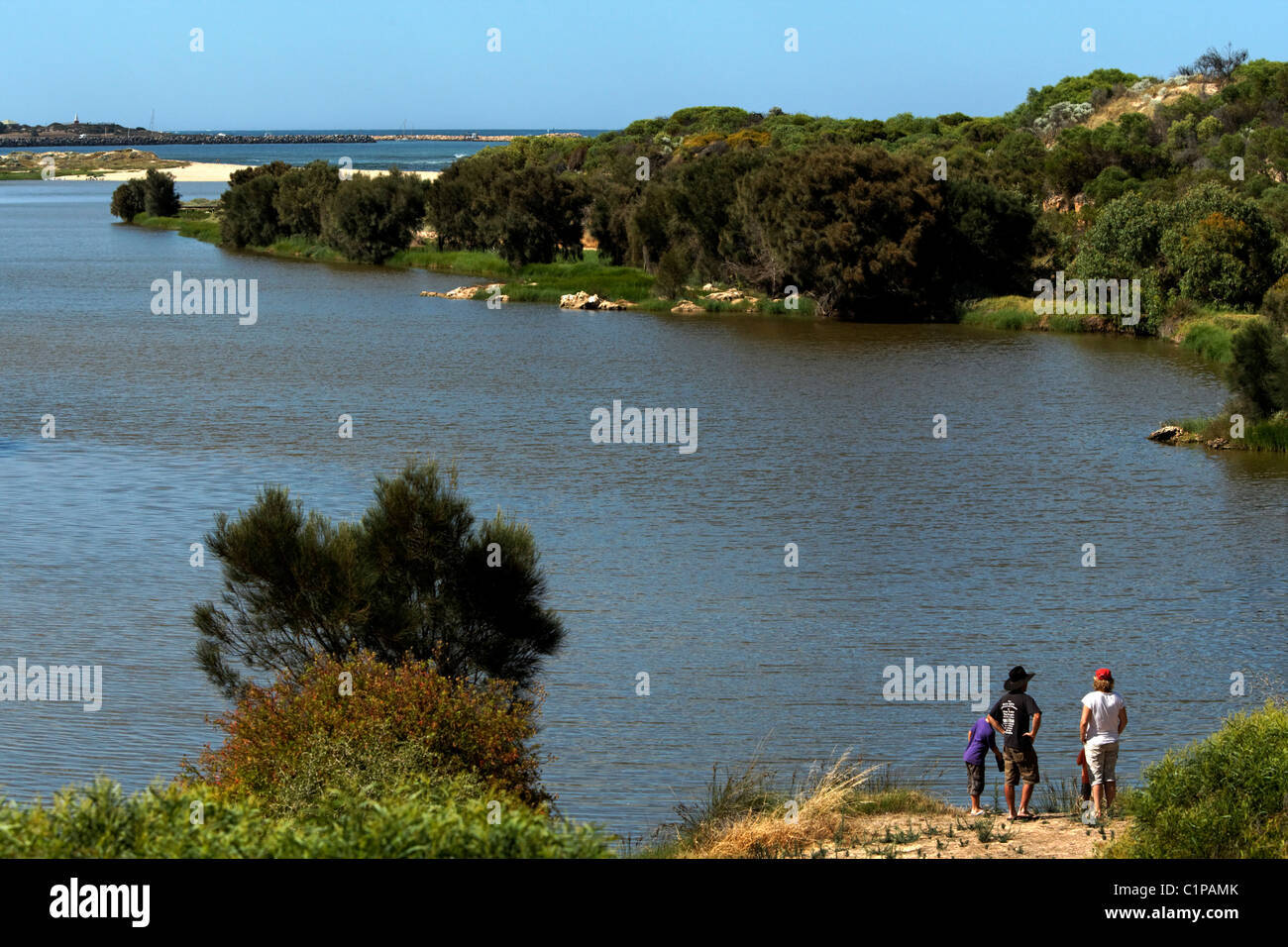 Group of people looking down the Irwin River Estuary, Dongara Western ...
