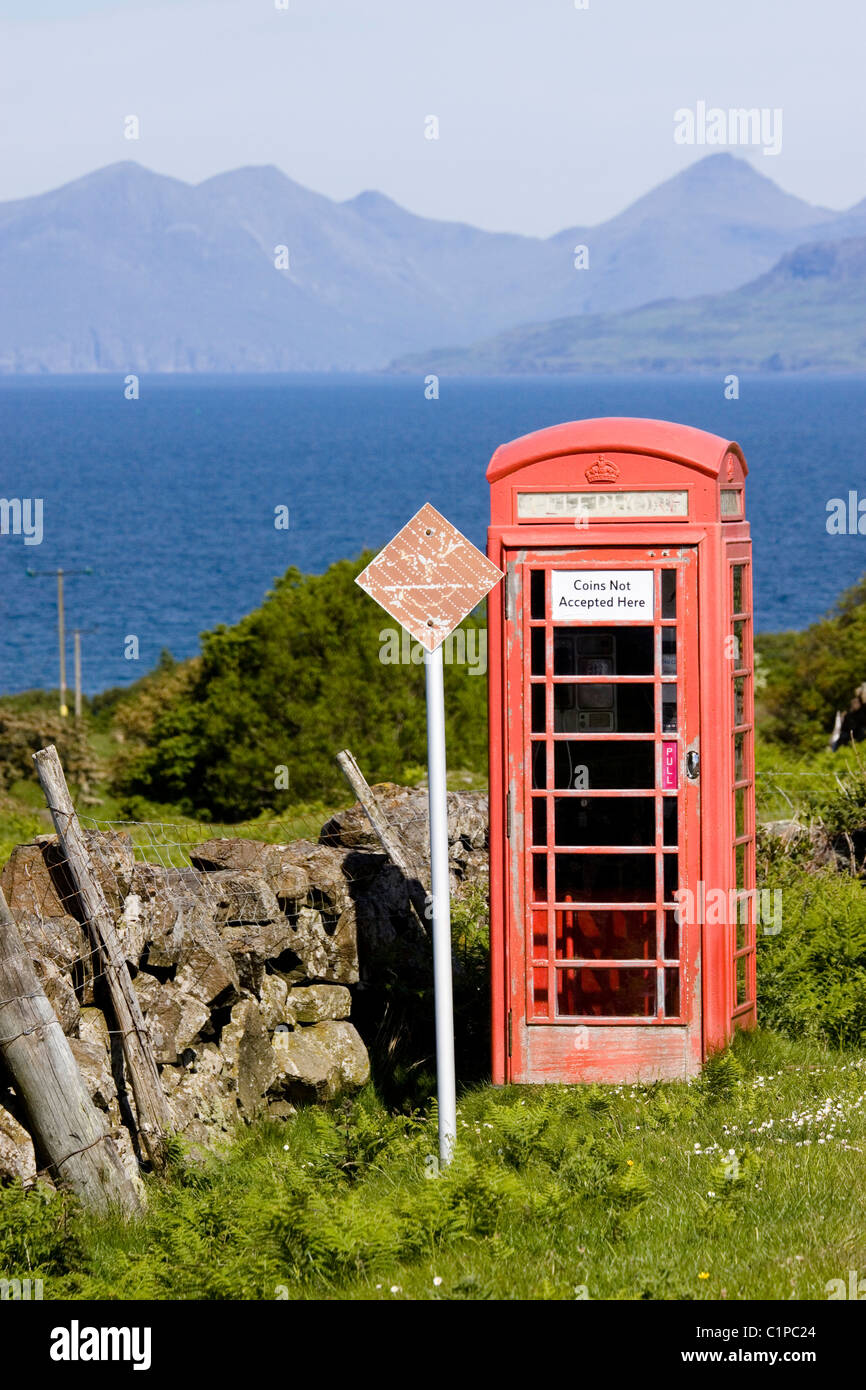 Scotland, Kilchoan, Ardnamurchan, red telephone box with sea and ...