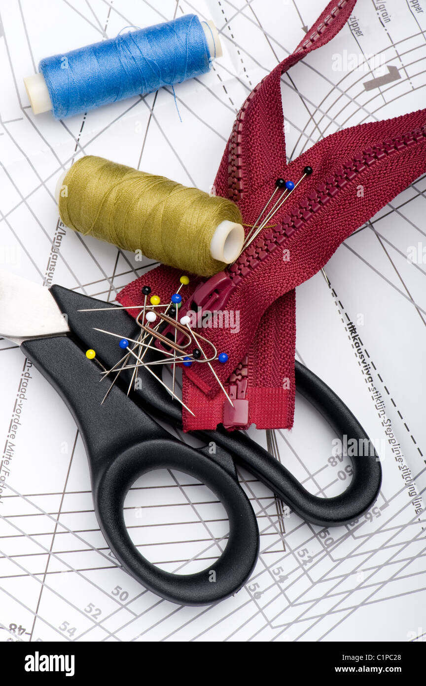 sewing pattern with sew instrument closeup Stock Photo - Alamy