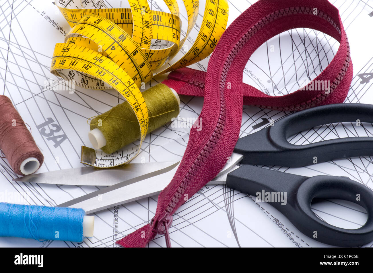sewing pattern with sew instrument closeup Stock Photo - Alamy