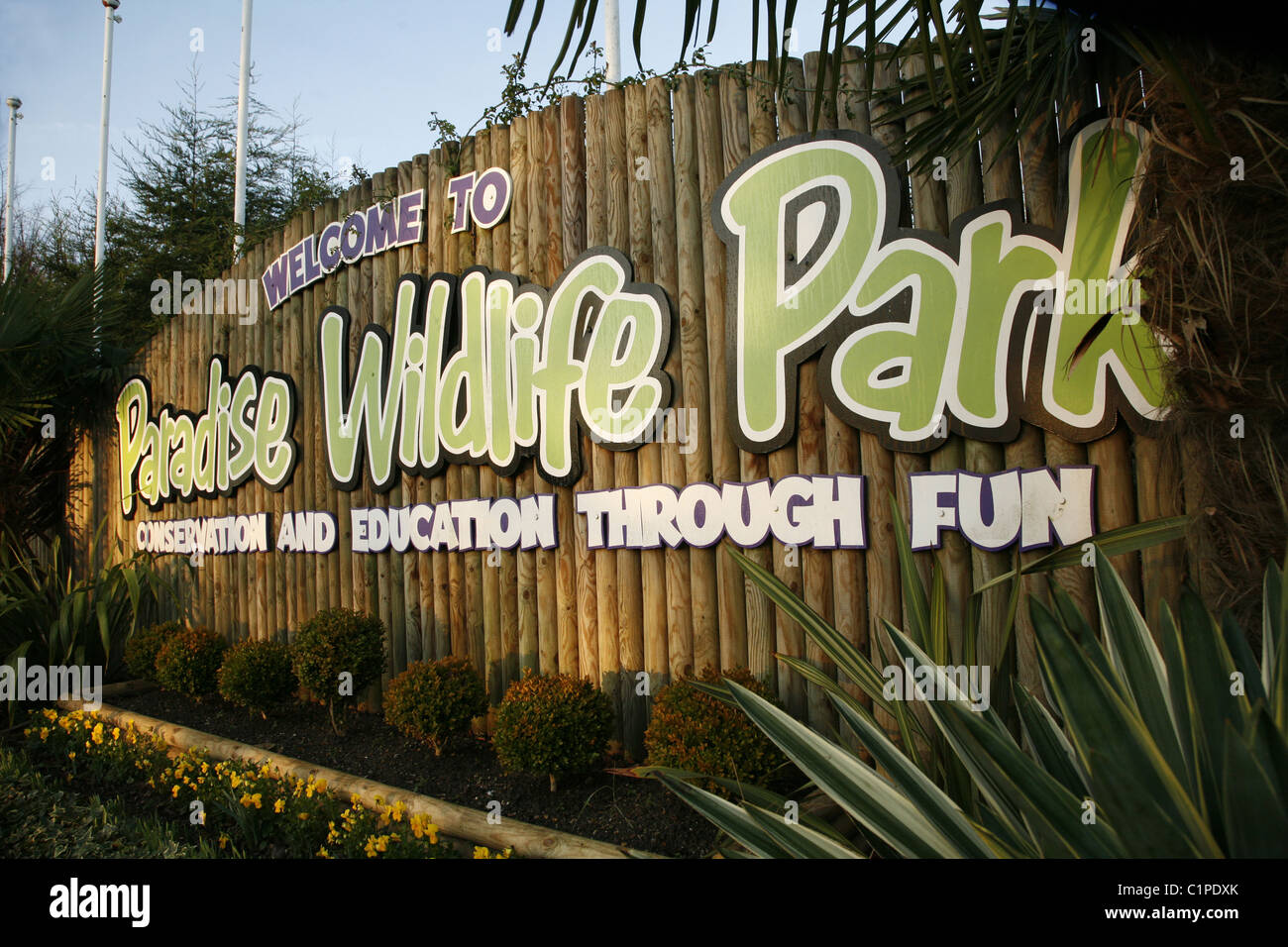 Sign and main entrance to Paradise Wildlife Park, a conservation and ...