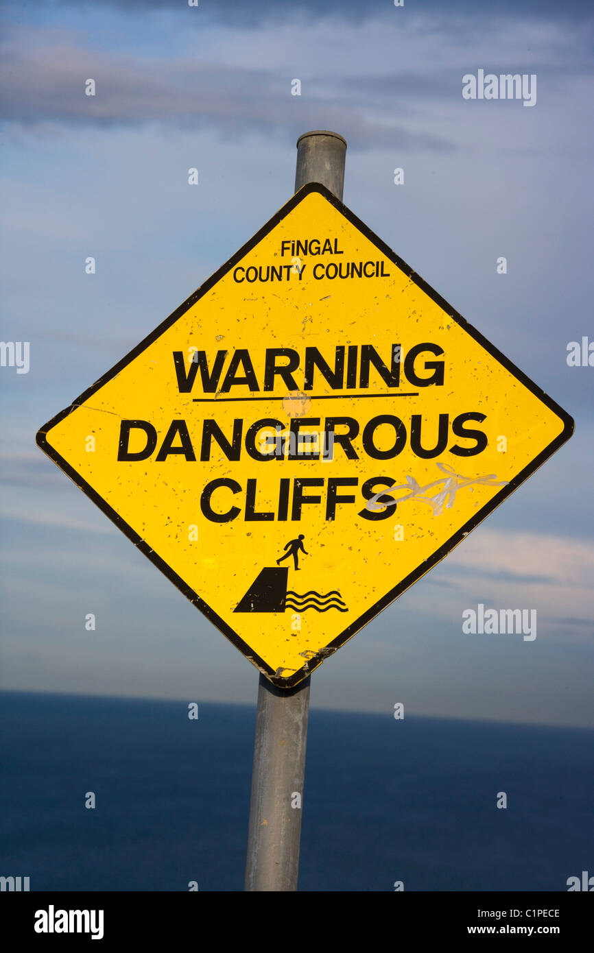 Republic of Ireland, Portmarnock, dangerous cliffs warning sign ...