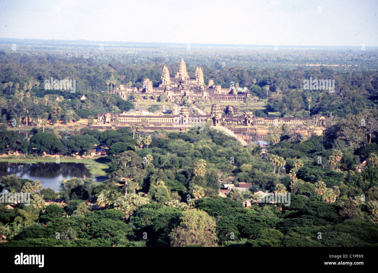 Overhead view taken from a balloon, of the Angkor Wat complex, Cambodia ...