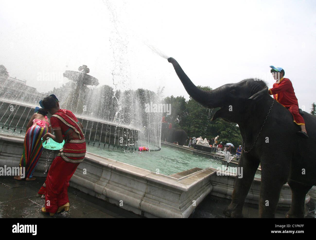 Jumbo Jet An elephant takes part in a water fight with visitors to ...