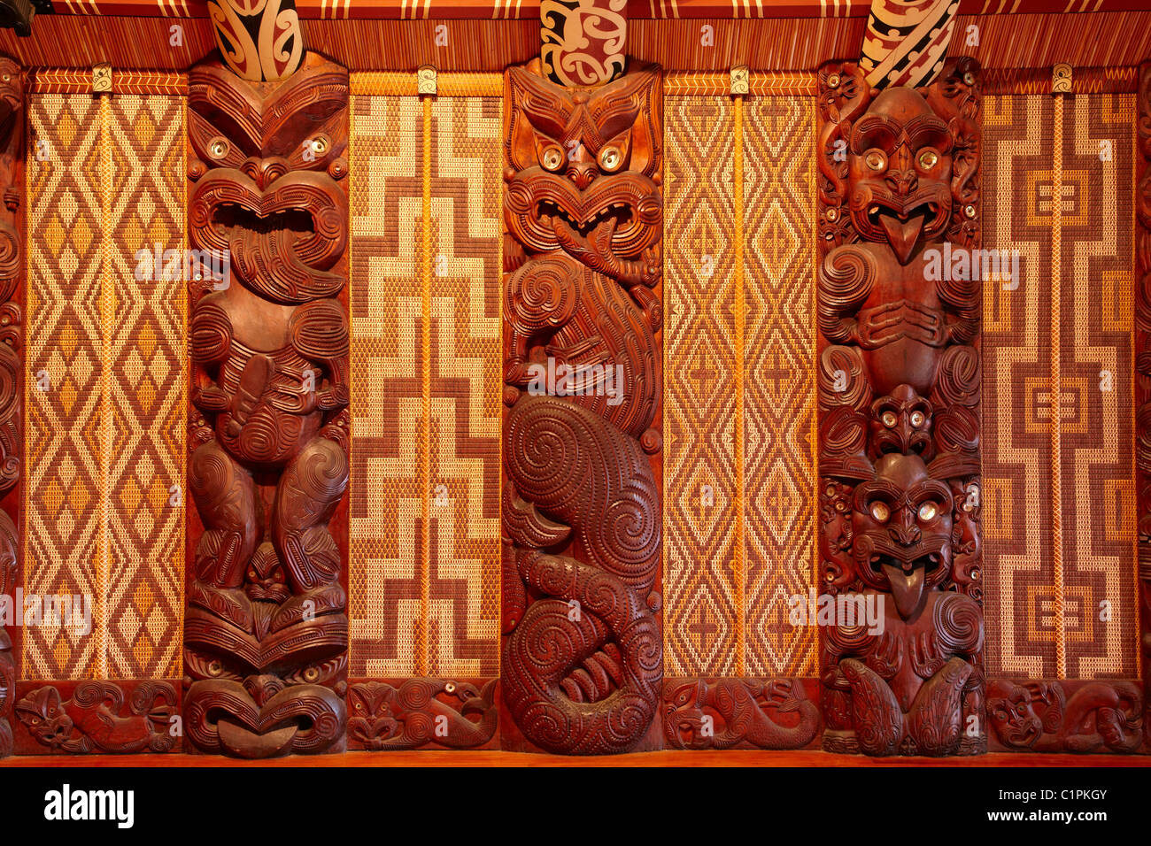 Carved panels inside Te Whare Runanga, Maori Meeting House, Waitangi ...