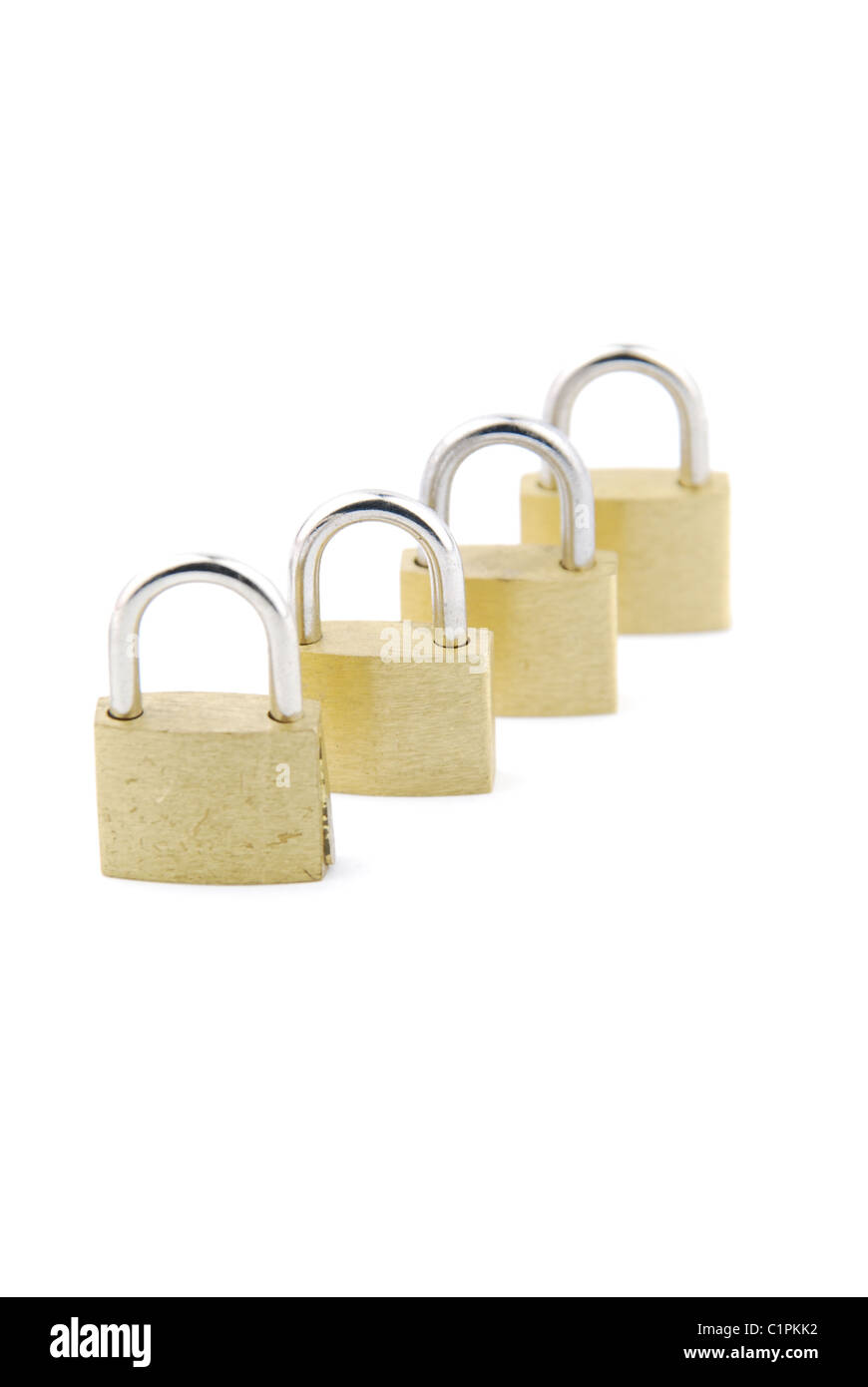 Golden open padlock with keys on white Stock Photo - Alamy
