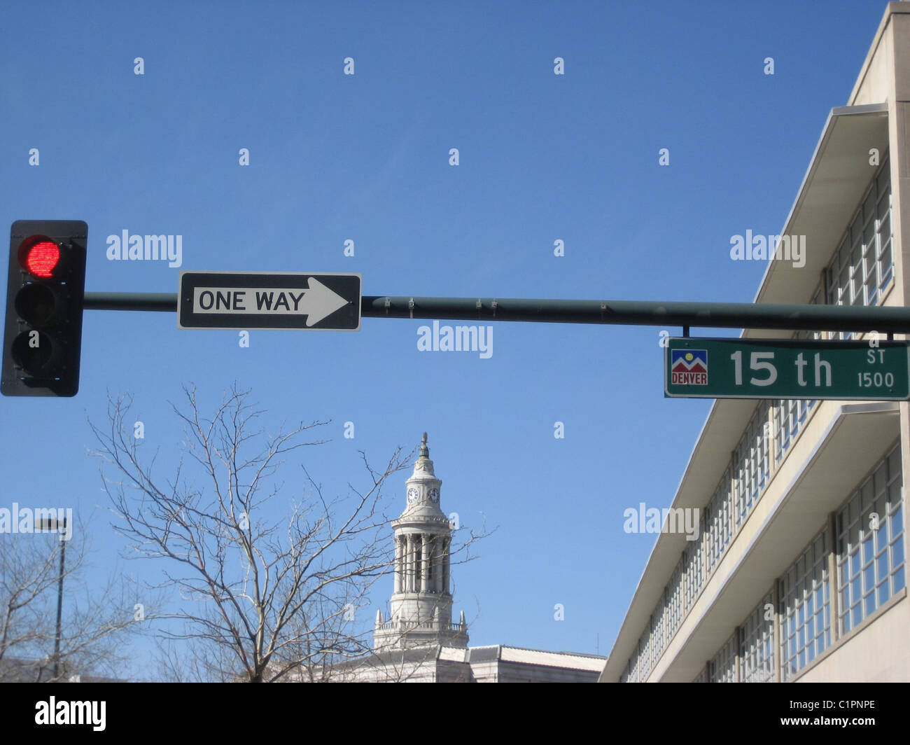 Colorado, USA and view of overhead traffic signals and one way ...
