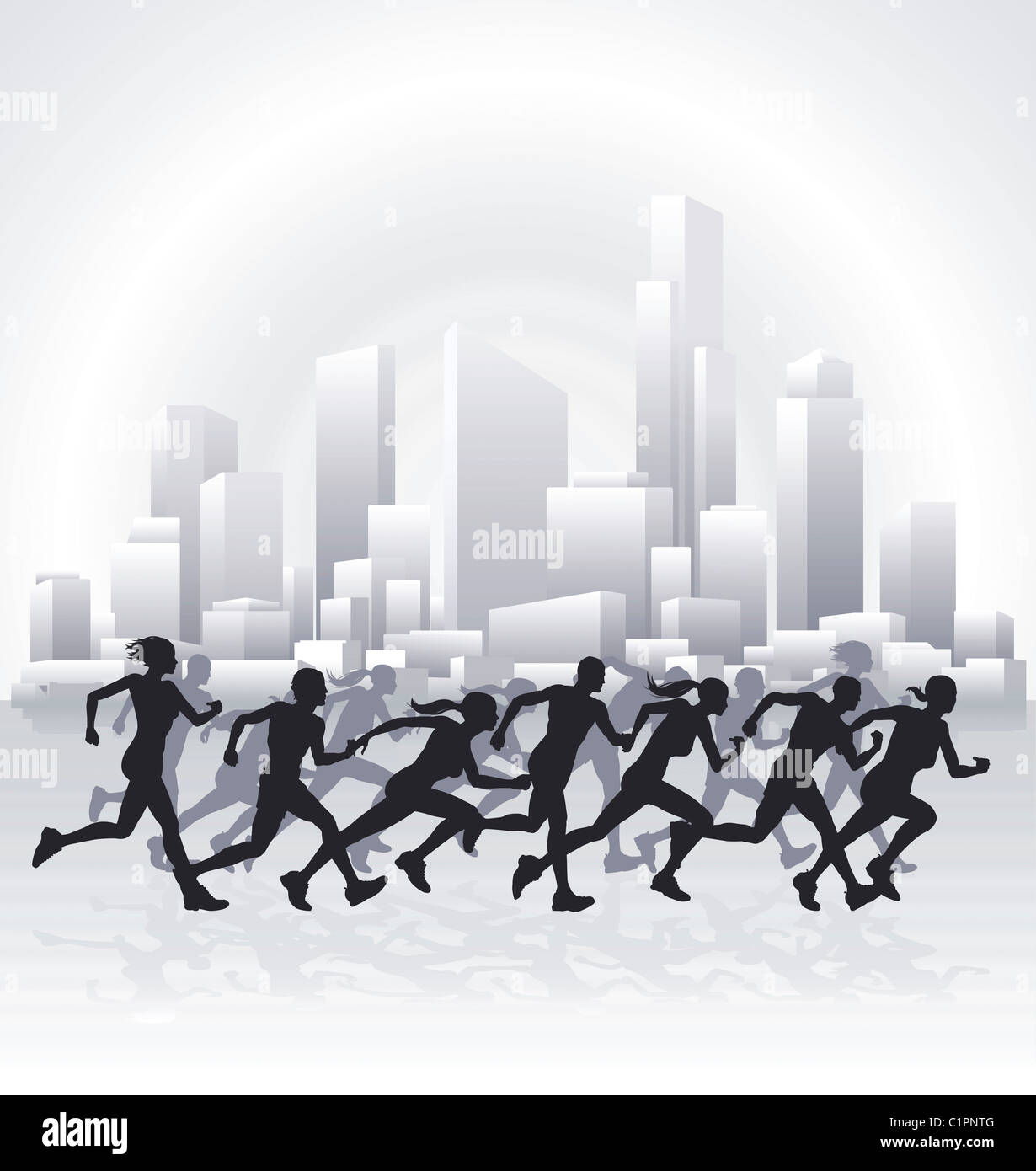 Runners running in an urban city with a cityscape skyline in the ...