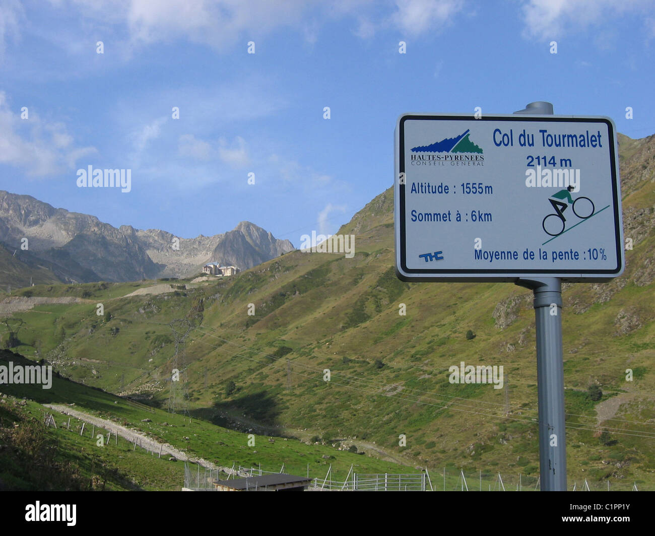 Pyrenees, France. Road sign for Col d'Aspin, one of the mountain passes ...