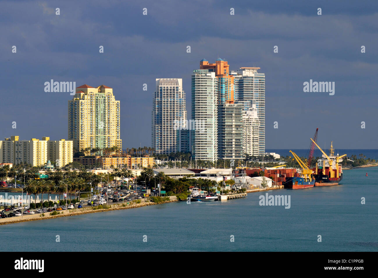 Views of Miami Florida skyline and harbor from departing cruise ship ...