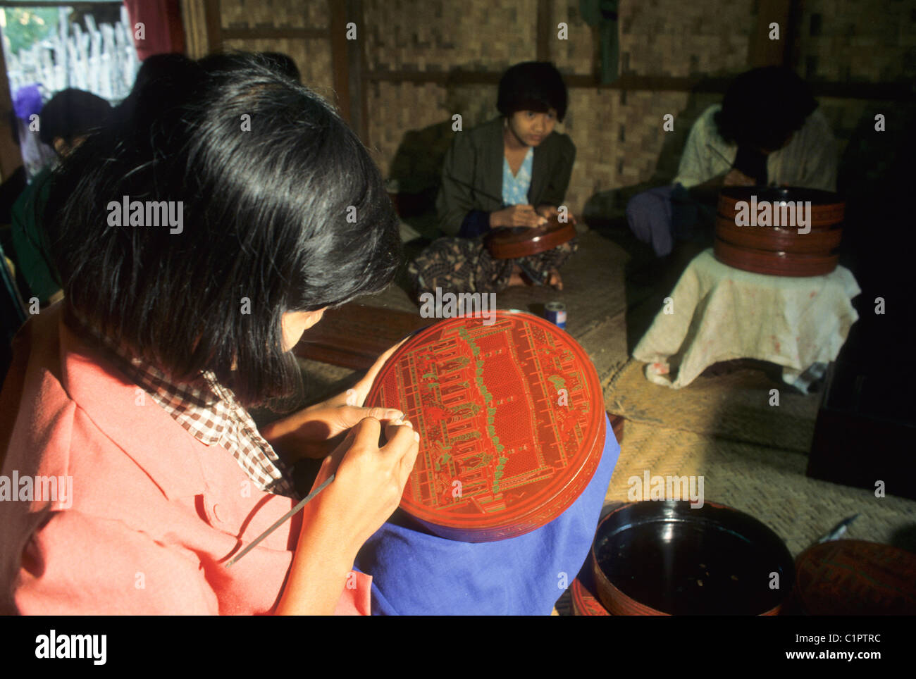 Elk130-2405 Myanmar (Burma), Bagan (Pagan), woman incising design onto ...