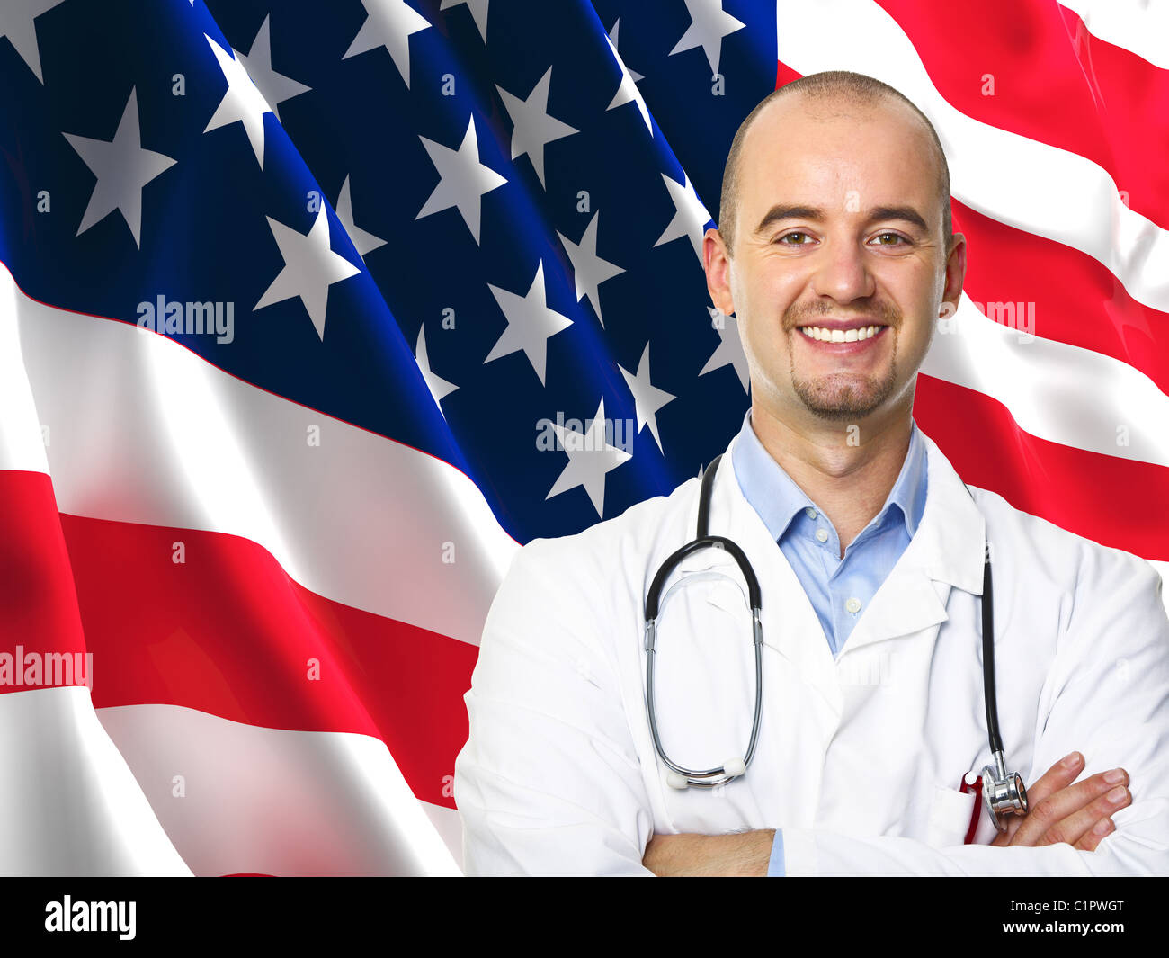 fine 3d image of america flag background and smiling doctor Stock Photo ...
