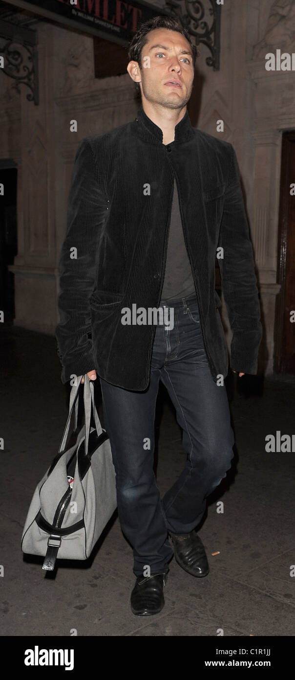 Jude Law leaves the Wyndham Theatre having performed in 'Hamlet' and is ...