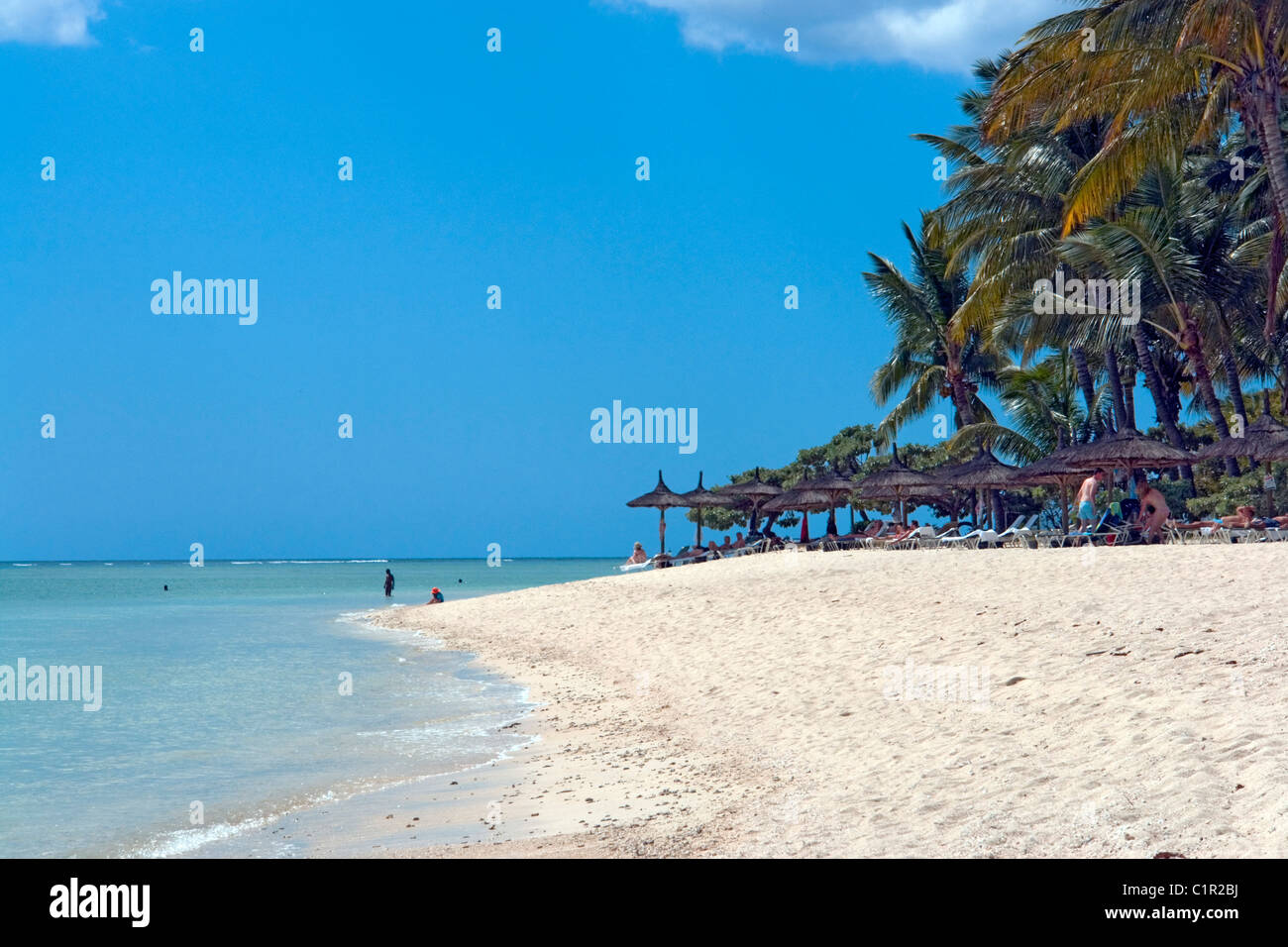 The beach in front of La Pirogue hotel at Wolmar on the west coast of ...