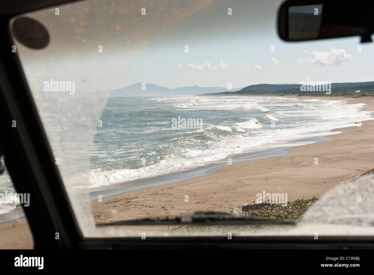 A view of the beach in Okhotsk through a car wind screen, Sakhalin ...