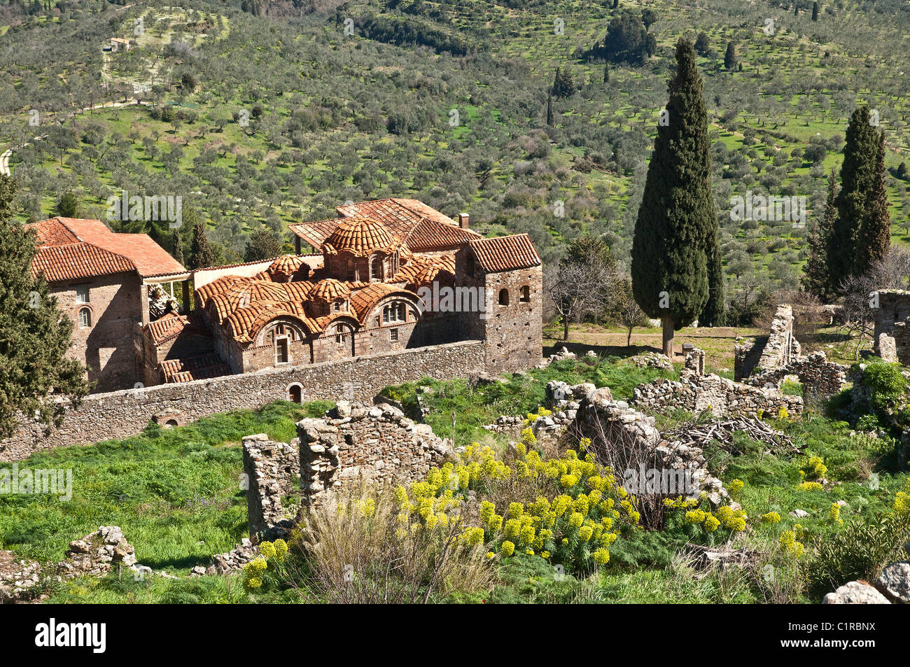 The hill of Mystra with its Byzantine ruins, looking down on the church ...