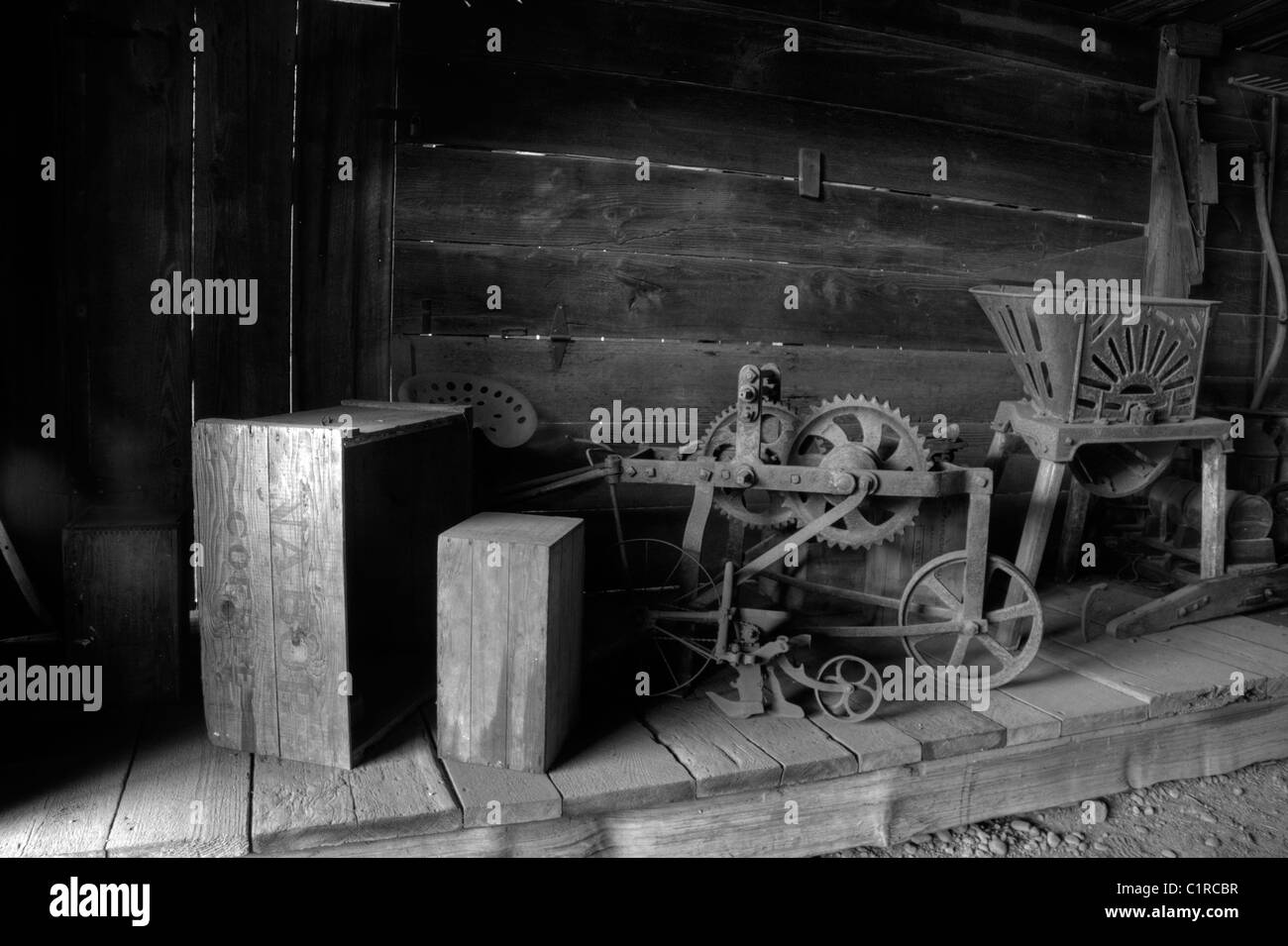 Old equipment and crates at Historic Stewart Farm at Elgin Heritage ...