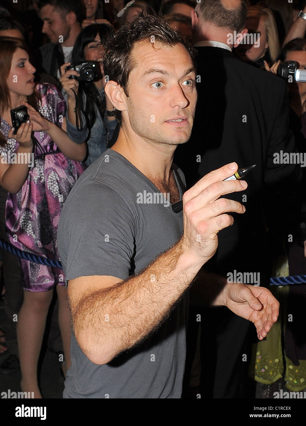 Jude Law leaves the Wyndham Theatre having performed in 'Hamlet' and is ...