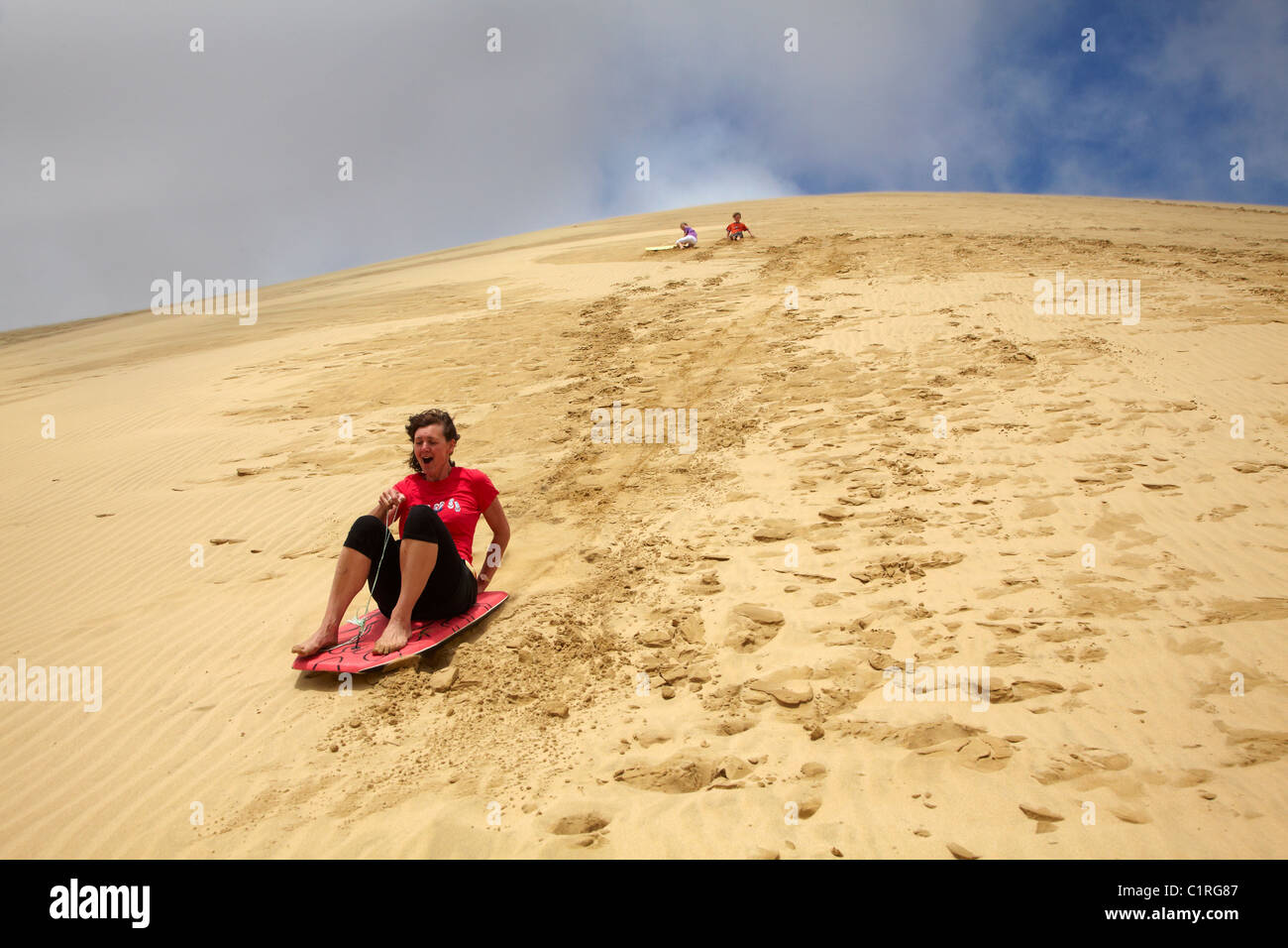 Sand boarding, Te Paki Sand Dunes, Far North, Northland, North Island ...