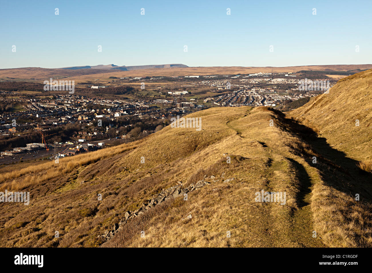 Dismantled tramway on Mynydd Carn-y-cefn with Ebbw Vale in background ...