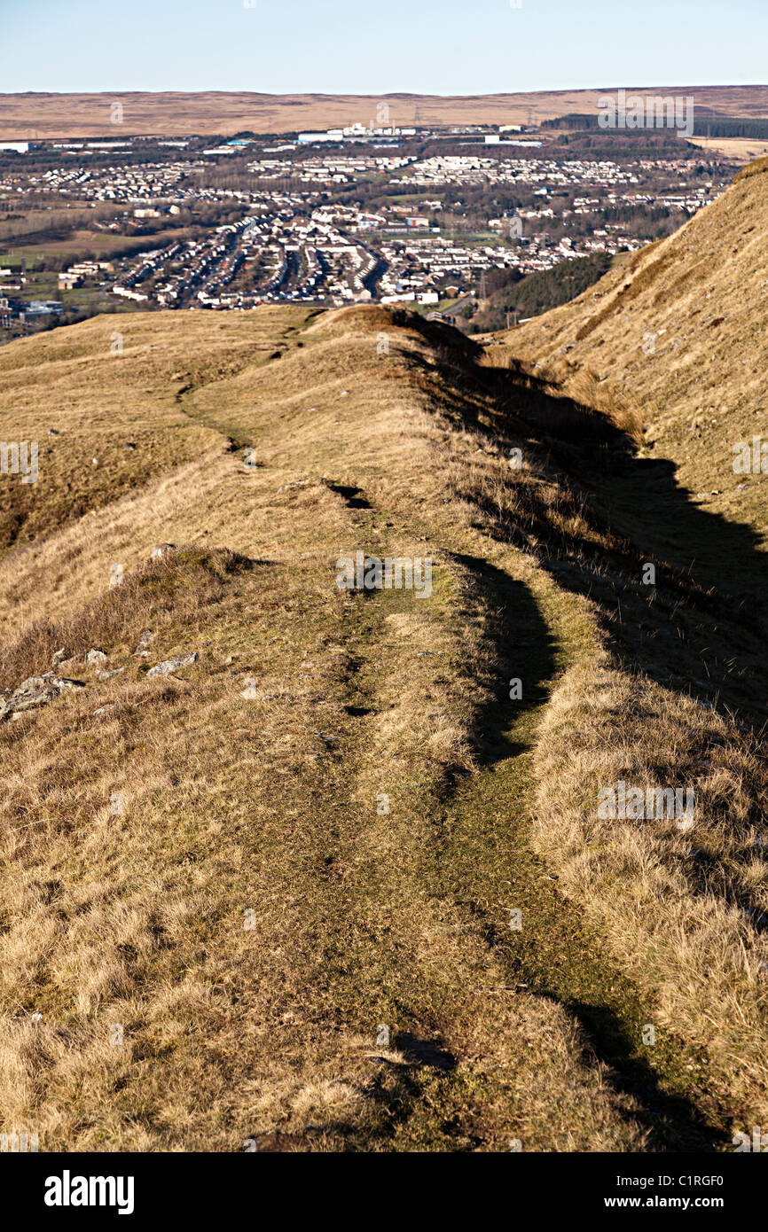 Dismantled tramway on Mynydd Carn-y-cefn with Ebbw Vale in background ...