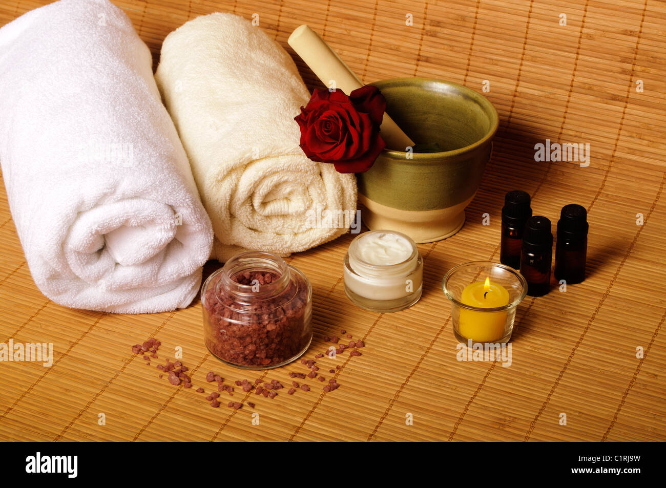 Day spa setting, various spa objects Stock Photo - Alamy