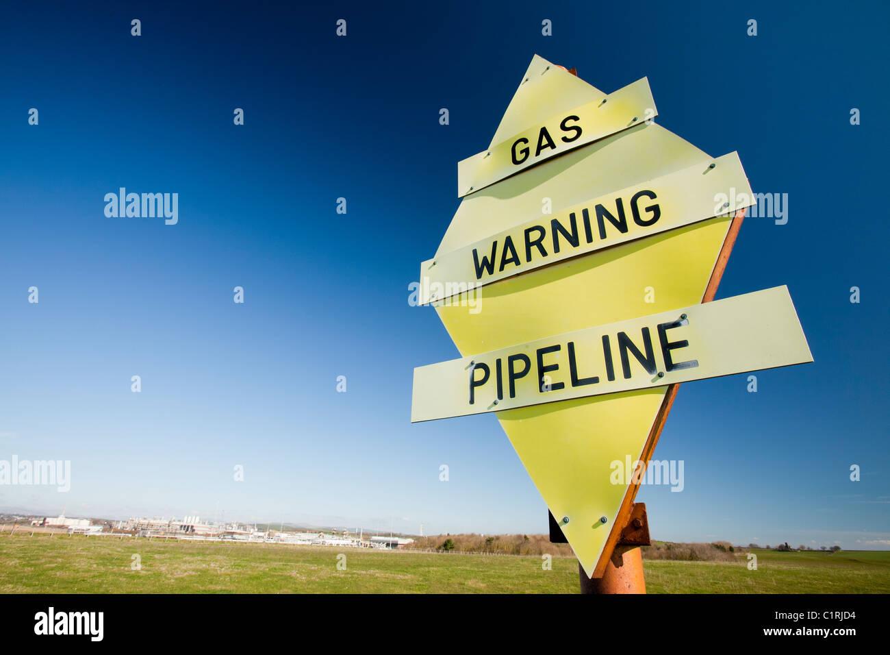A warning sign for the gas pipeline which brings natural gas from the ...