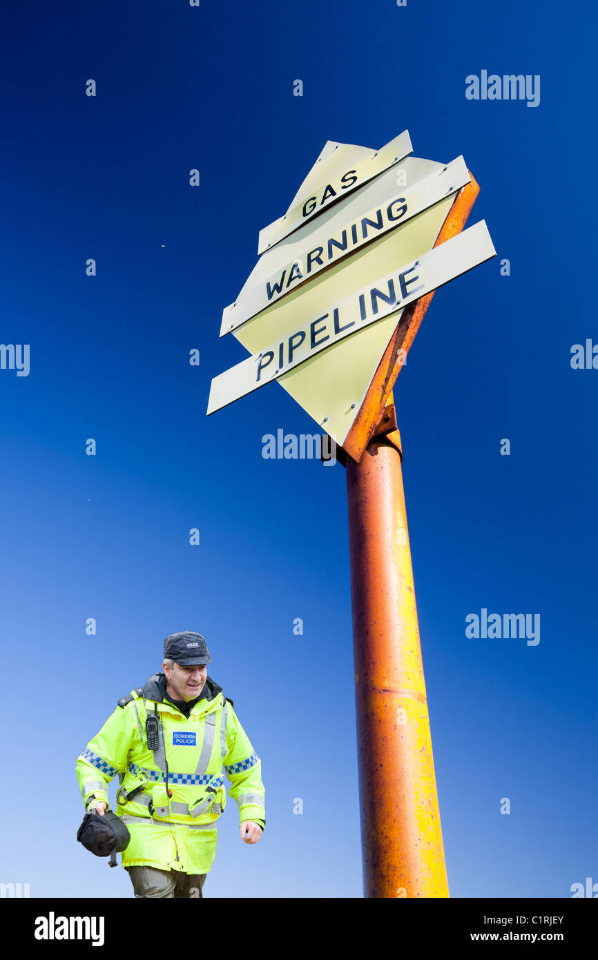 A warning sign for the gas pipeline which brings natural gas from the ...