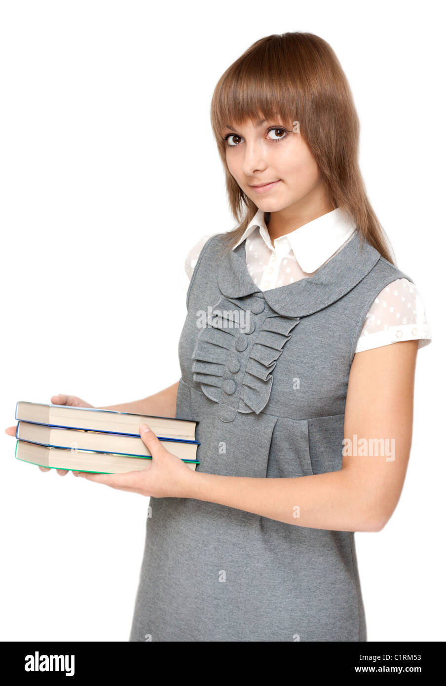 Young girl with book in hand on white background Stock Photo - Alamy