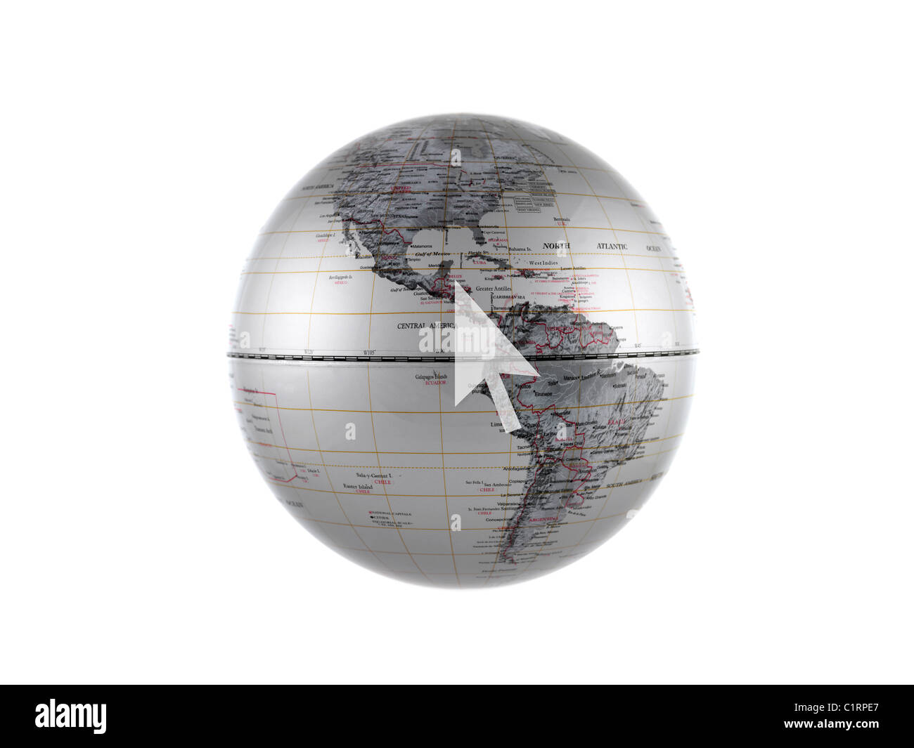 A world globe with a computer cursor isolated against a white ...