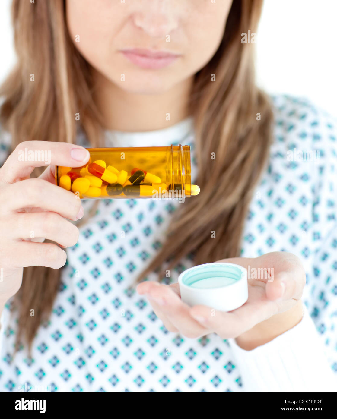 Close up of female patient taking pills Stock Photo - Alamy