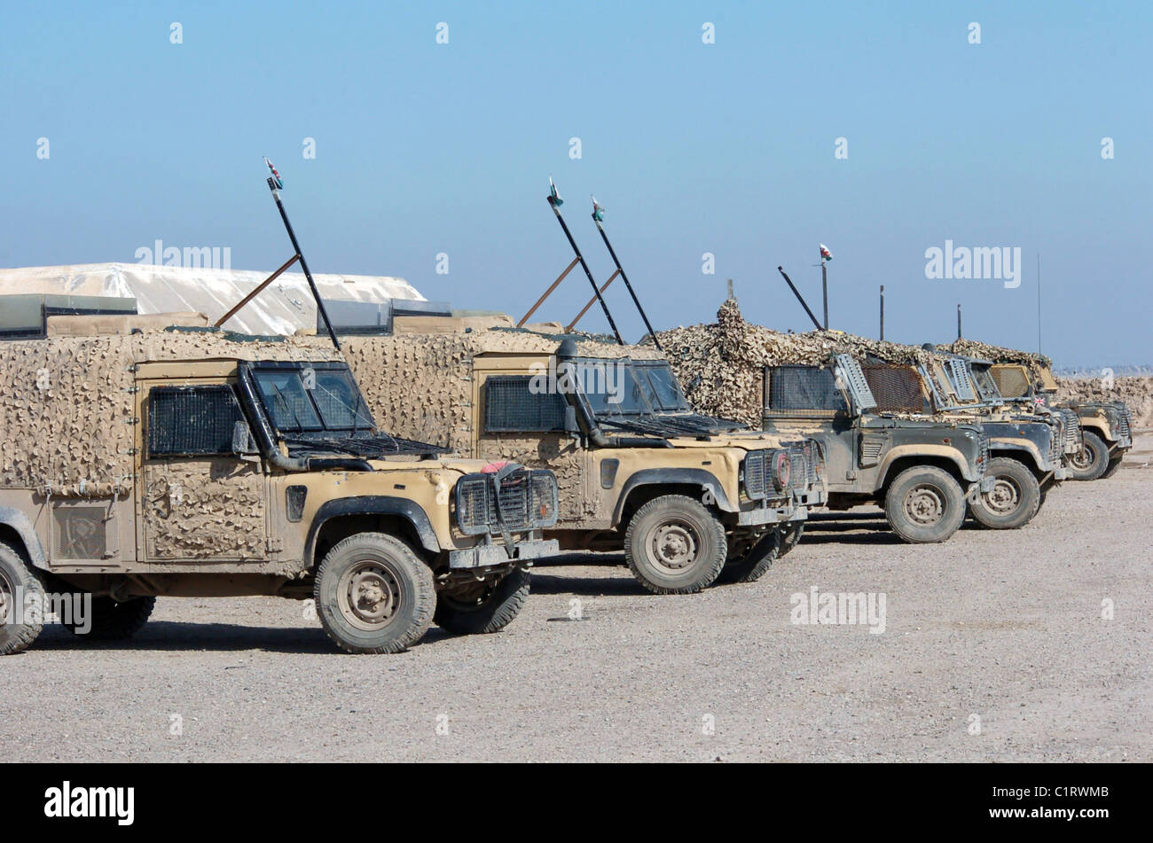 Camp Condor, Iraq - A group of Snatch Land Rover patrol vehicles used ...