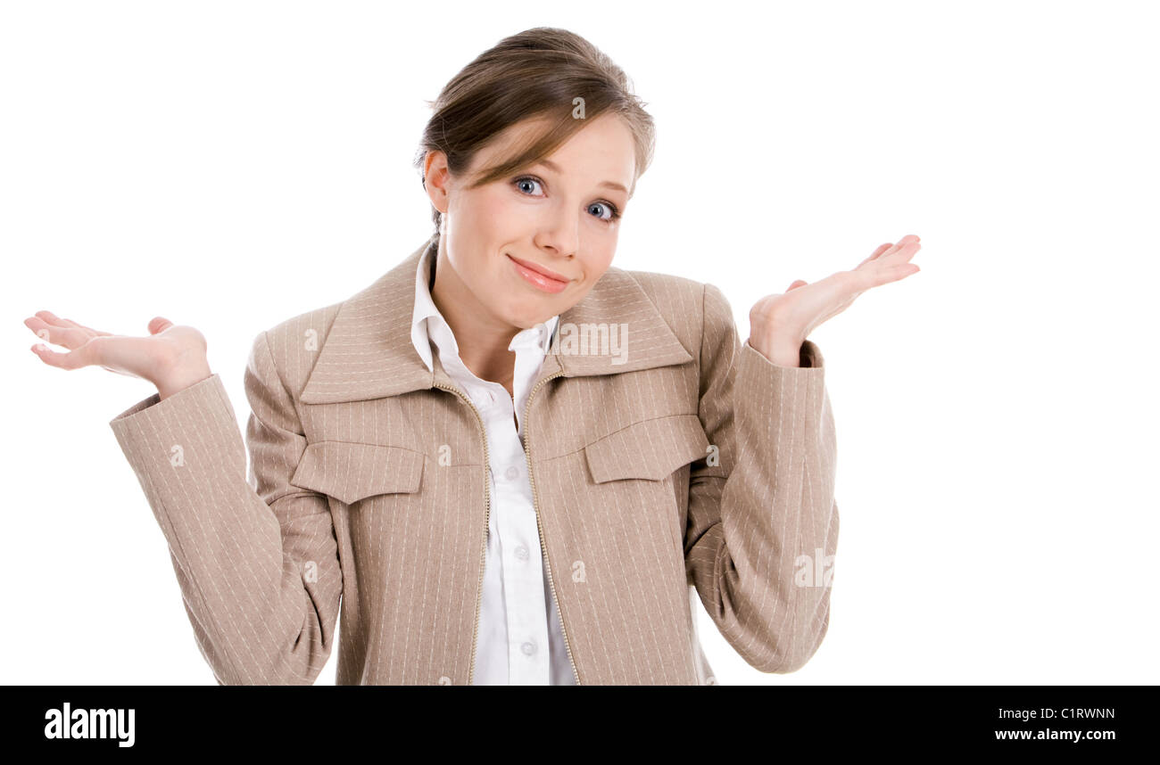 Portrait of businesswoman shrugging and looking at camera with smile ...