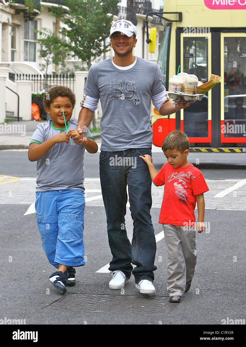 Peter Andre goes to Starbucks with his son Junior and Harvey Brighton ...