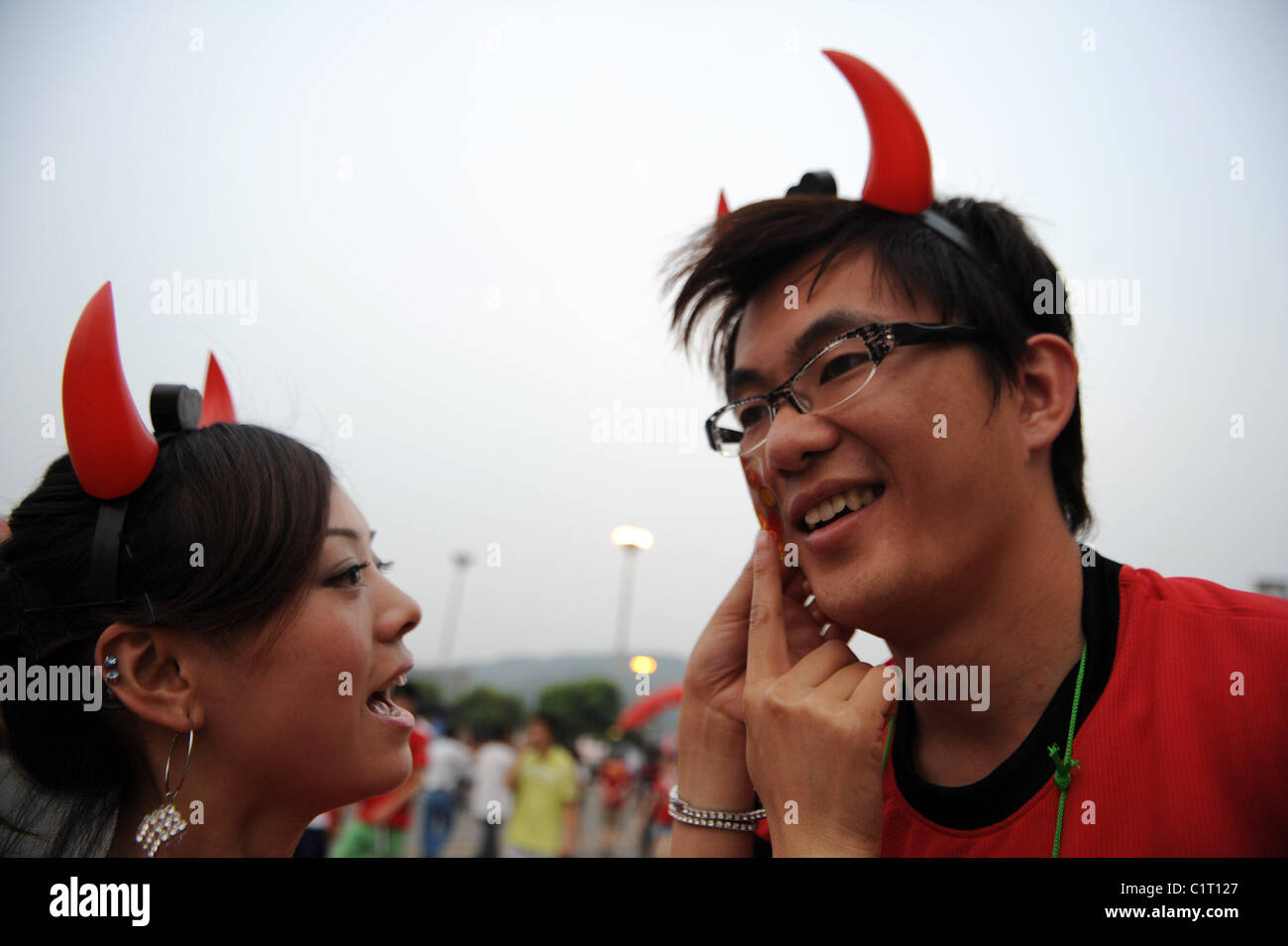Chinese supporters of Manchester United gather outside the stadium ...