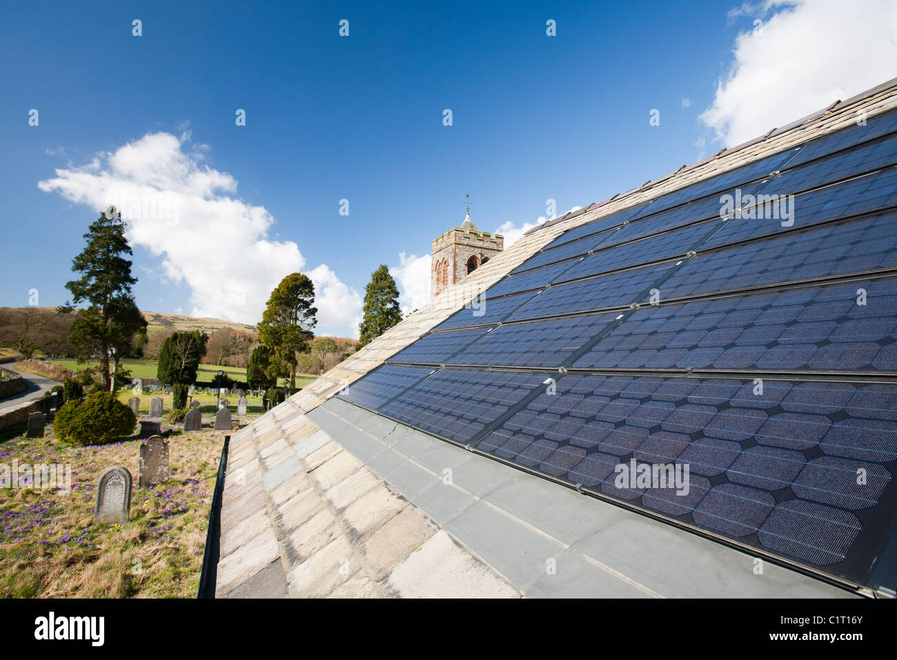 Solar electric panels on Lowick Village Hall in South Cumbria, UK Stock ...