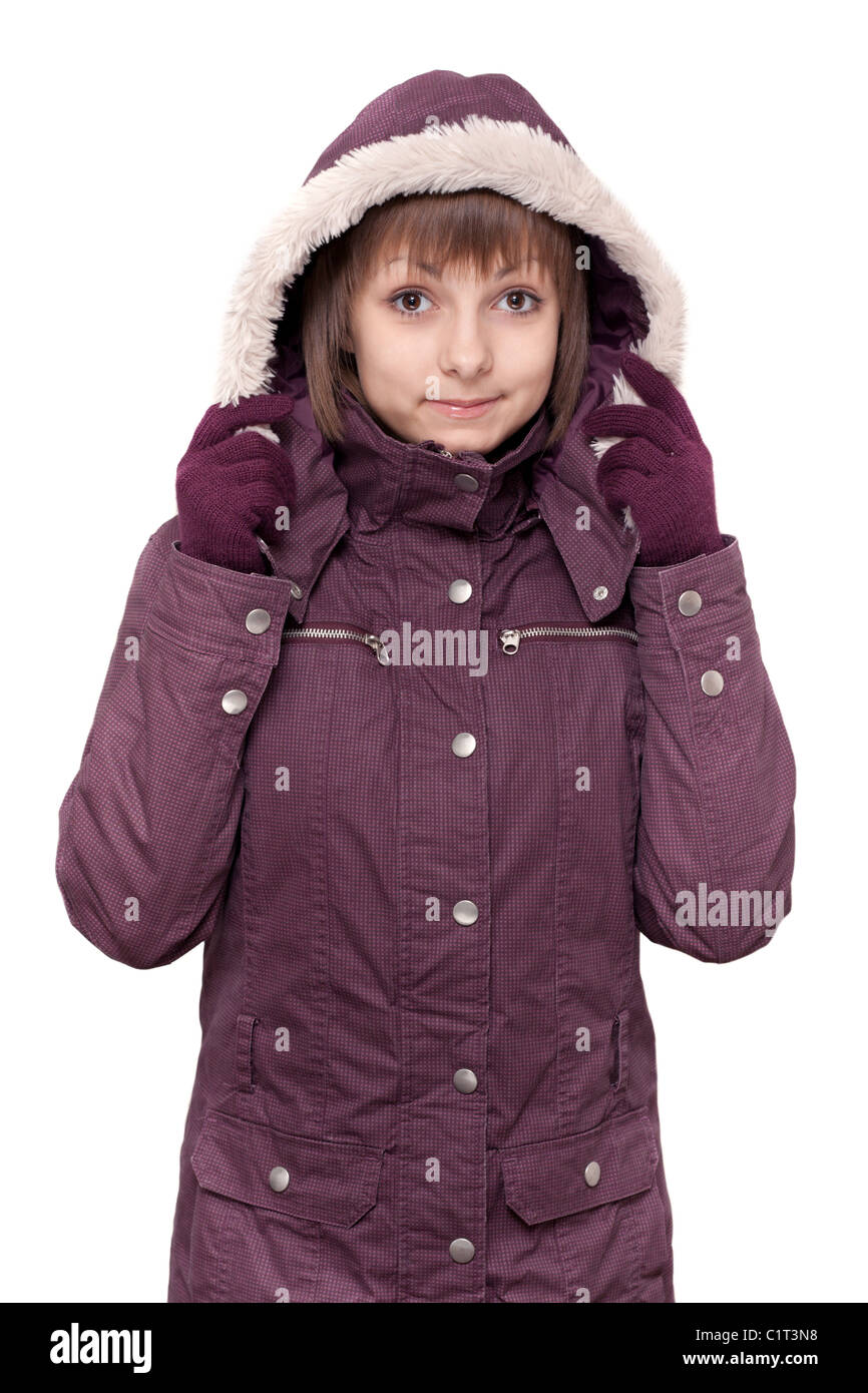 Girl in winter violet hooded jacket on white background Stock Photo - Alamy