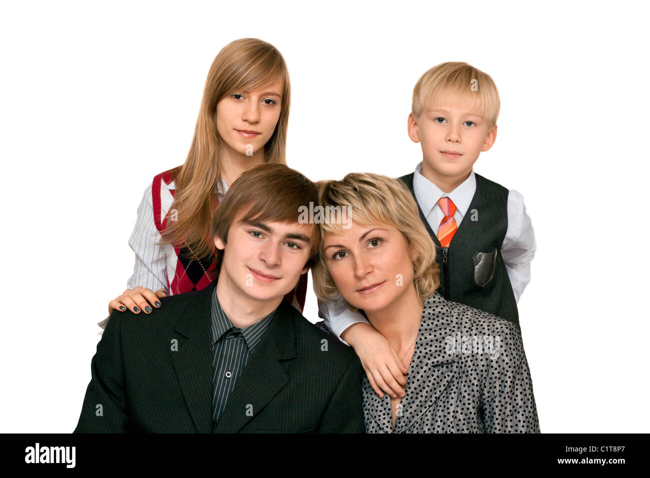 Mother and three children on white background Stock Photo - Alamy