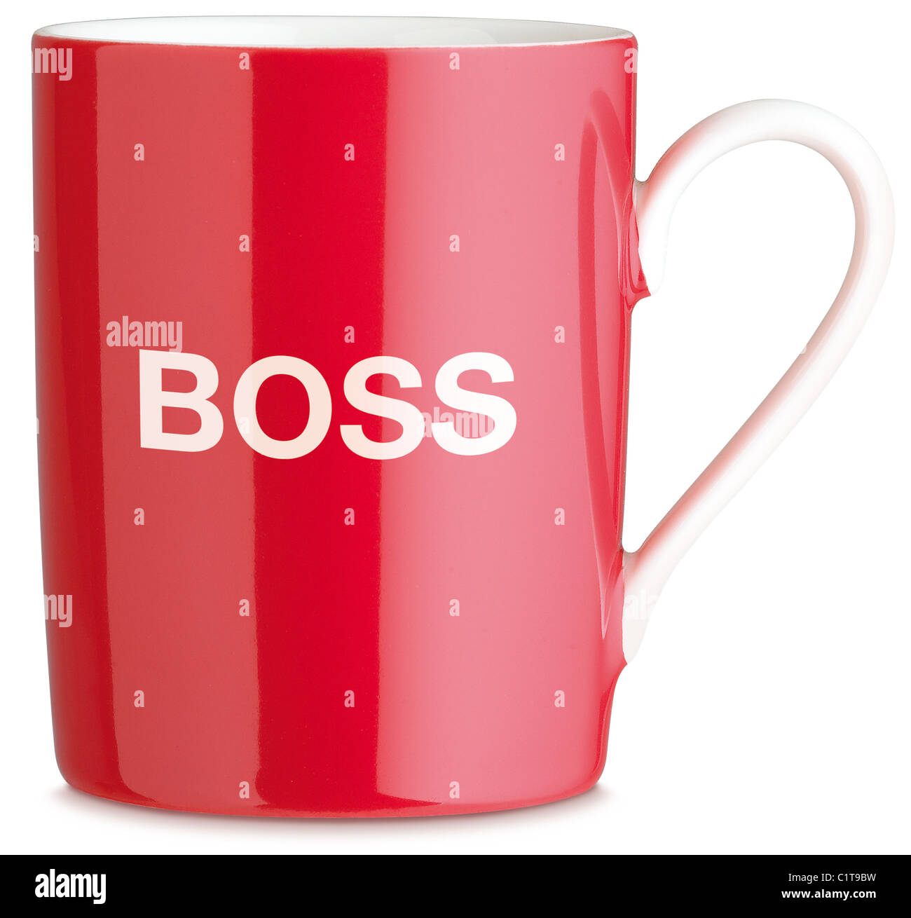 a red tea or coffee mug with boss writen on it Stock Photo - Alamy