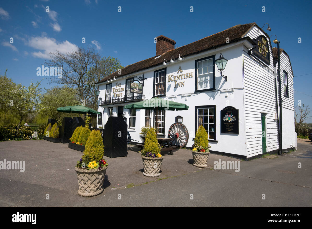 trickled trout pub on the river stour at Wye Village in Kent England UK ...