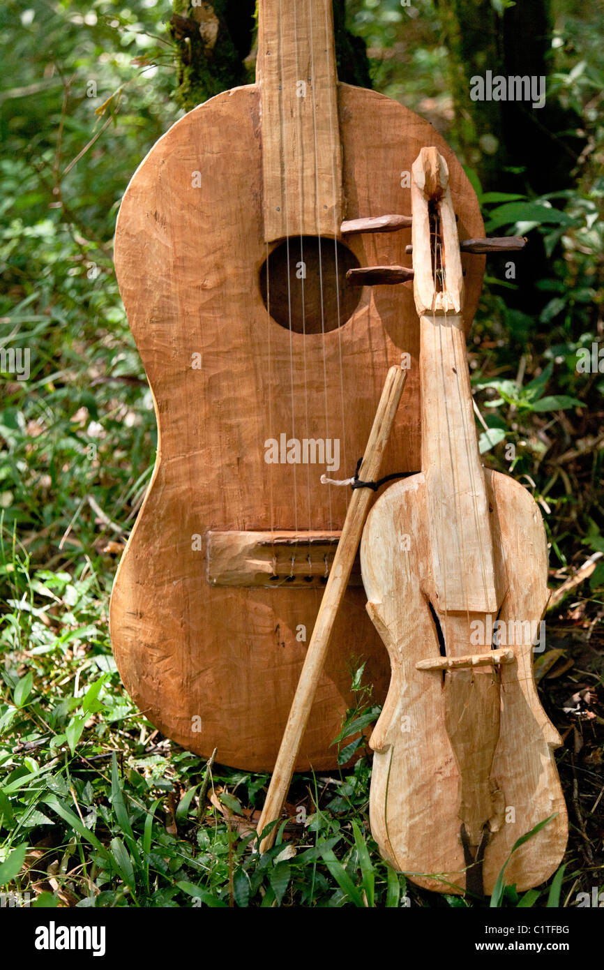 Hand-made Mbya Guarani violin and guitar in the jungle. San Ignacio ...