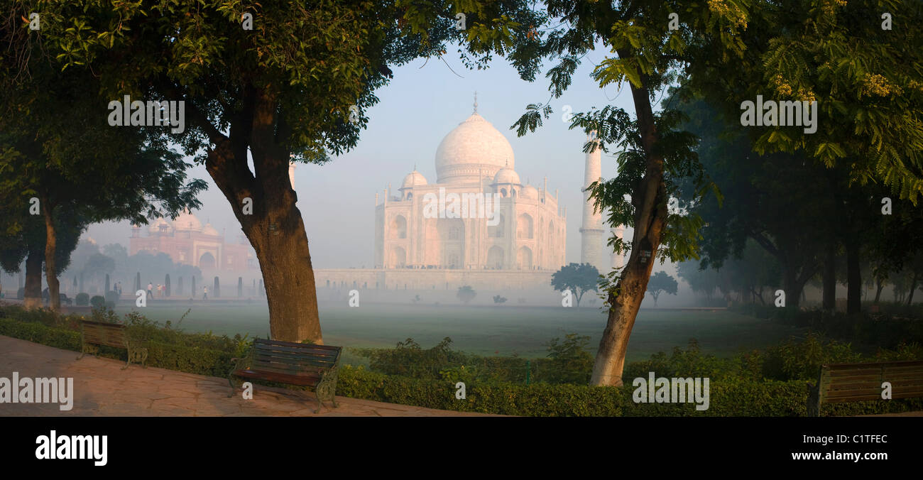 Trees in a park with a mausoleum in the background, Taj Mahal, Agra ...