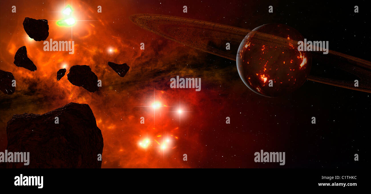 A young ringed planet with glowing lava, asteroids in the foreground ...