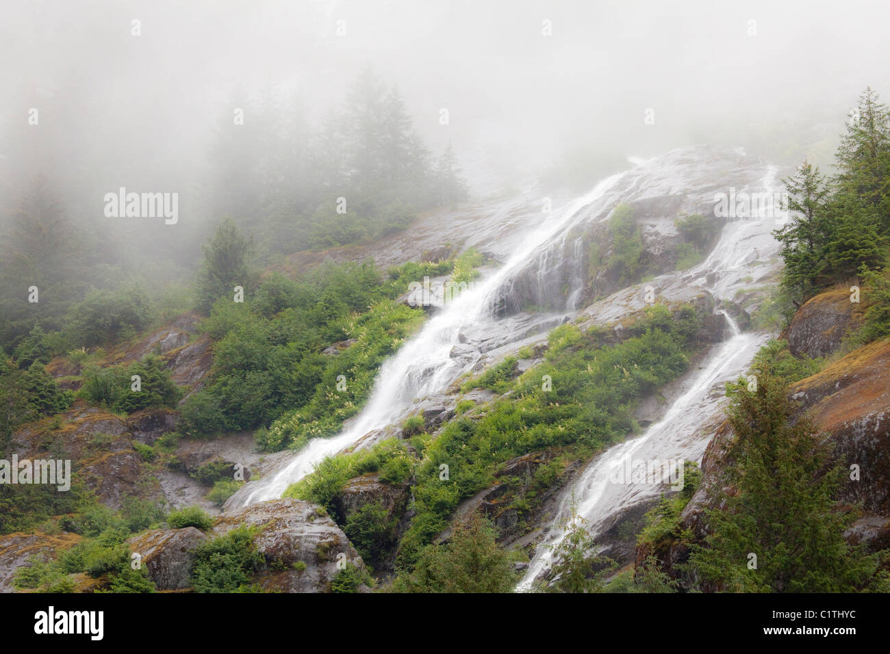 Waterfalls in fog, Endicott Arm, Alaska, USA Stock Photo - Alamy