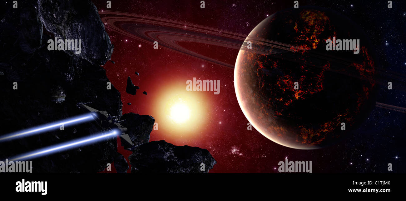 A stealth fighter en route to Hades, a ringed planet. The stealth ...