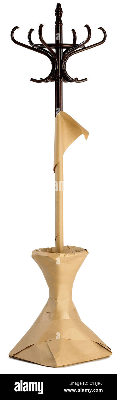 a partialy wrapped up hatstand hat stand ready for office move isolated ...