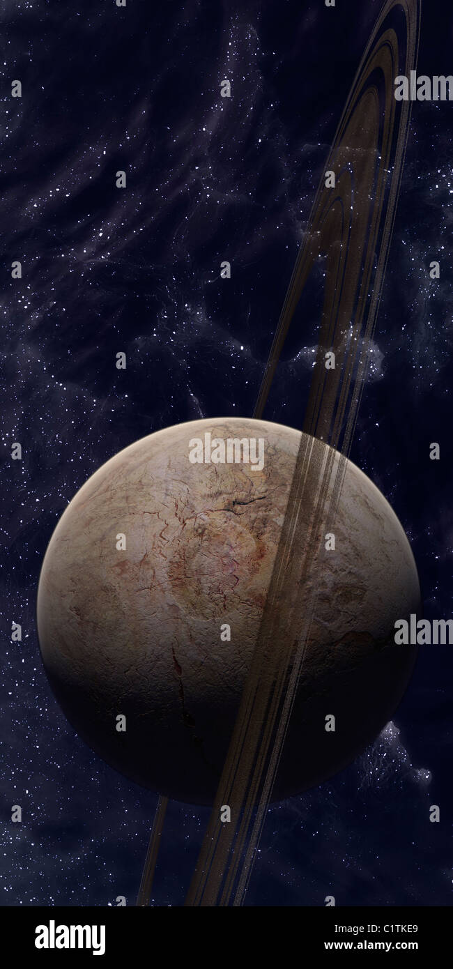 A ringed planet in front of an odd starfield Stock Photo - Alamy