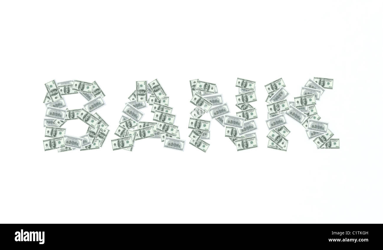 written bank with dollar bank notes, 3d illustration Stock Photo - Alamy