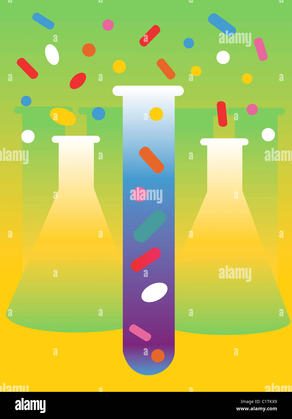 Flasks and test tube filled with various pills, illustration Stock ...