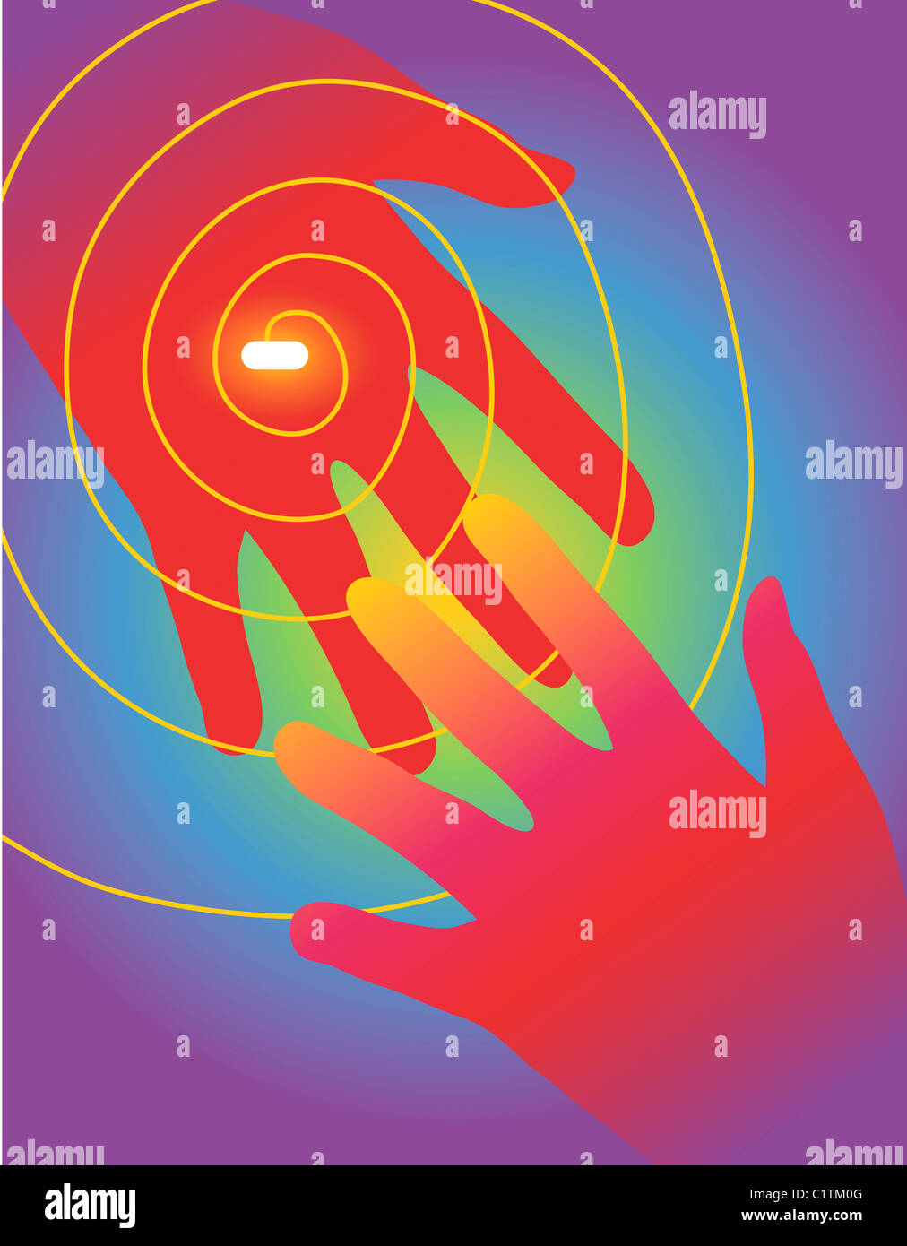 Two red hands reaching for glowing pill, illustration Stock Photo - Alamy